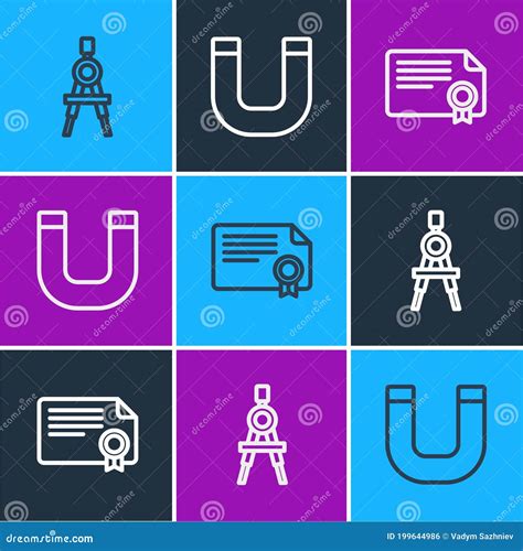 Set Line Drawing Compass Certificate Template And Magnet Icon Vector
