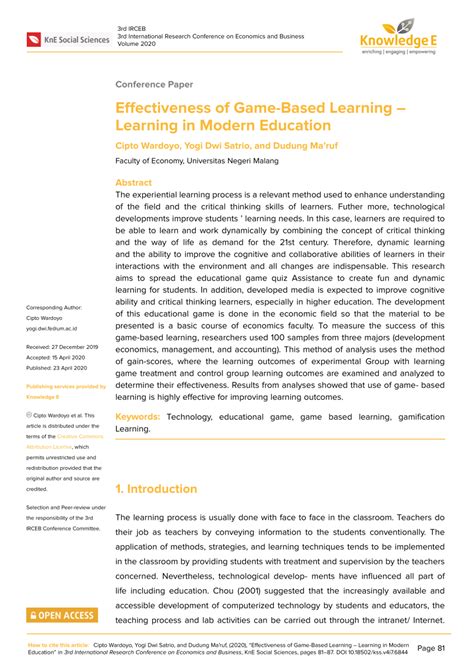 Pdf Effectiveness Of Game Based Learning Learning In Modern Education