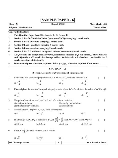 Sample Paper 6 Pdf Quadratic Equation Numbers