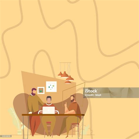 사무실 회의를 갖는 세 동료는 함께 최신 프로젝트 계획 아이디어를 제시 함께 생각을 공유 파트너가 최신 과제를 관리하는 미래 전략을 논의합니다 경영자에 대한 스톡 벡터 아트