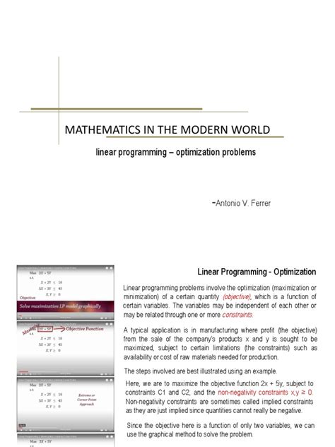 mathematics in the modern world linear programming optimization problems pdf linear