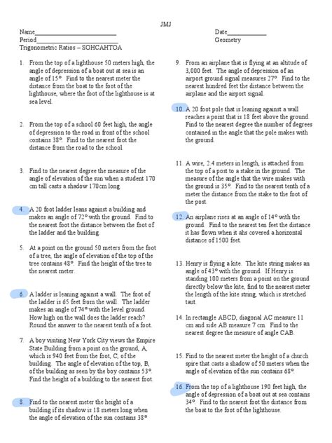 Solving Sohcahtoa Word Problems Worksheet And Practice Problems