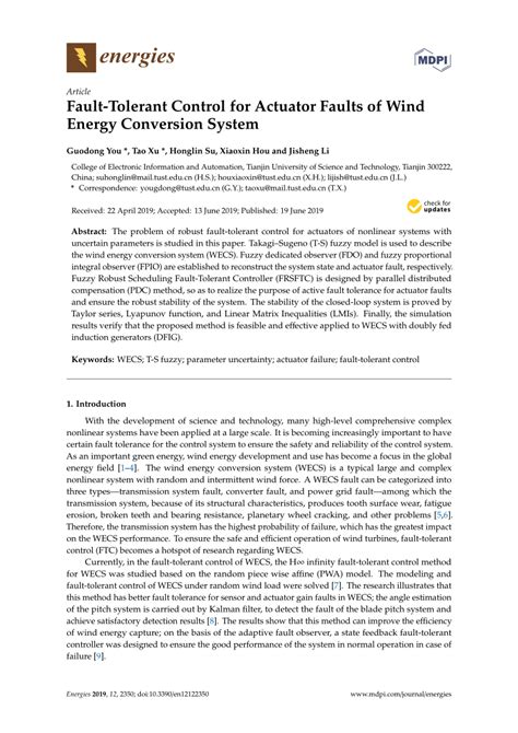 PDF Fault Tolerant Control For Actuator Faults Of Wind Energy Conversion System
