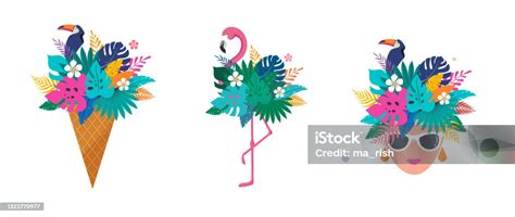 정글 이국적인 잎 플라밍고와 여자의 머리로 가득 아이스크림 콘 여름 장면 안녕하세요 여름 컨셉 일러스트레이션 배경 및 배너 여름에 대한 스톡 벡터 아트 및 기타 이미지
