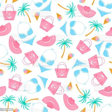 수영복 아이스크림 야자수 가방 비치 액세서리 여름 완벽 한 패턴입니다 디자인 표면 직물 직물 포장 종이 벽지에 사용 바다에 대한