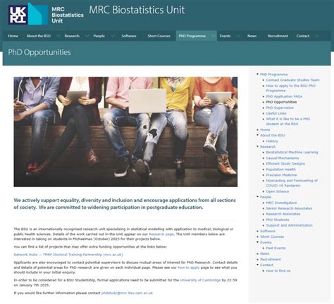 Phd Opportunities Biostatistics University Of Cambridge Uk Mrc Biostatistics Unit Deadline