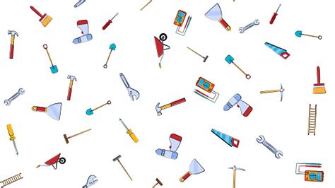 수리를 위한 건설 도구 세트에서 질감 완벽 한 패턴 망치 삽 스크루 드라이버 렌치 테스터 브러시 톱 트롤리 흙 손 흰색 바탕에 사다리 벡터 일러스트 금속에 대한 스톡 벡터