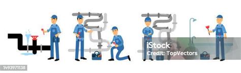 파란색 작업복을 입은 전문 남자 배관공 캐릭터는 장비 벡터 세트를 수리하고 고정한다 개념에 대한 스톡 벡터 아트 및 기타 이미지 개념 개선 공구상자 Istock