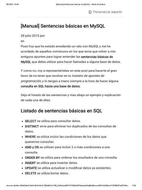 Manual Sentencias Básicas En Mysql Modo De Lectura Pdf Sql Datos