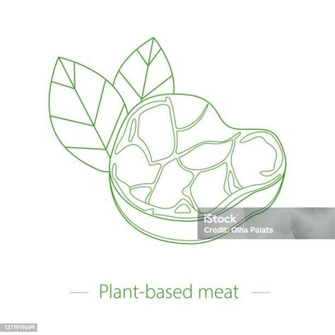 야채 고기처럼 나뭇잎과 스테이크 선 드로잉 그래픽 메뉴 디자인 요소 흰색 배경에 격리 환경을 보호하기 위한 인공육류의 개념 개념에 대한 스톡 벡터 아트 및 기타 이미지