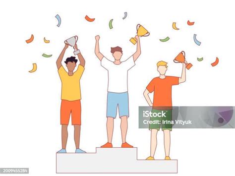 남자의 벡터 일러스트 레이 션은 수상 수상자 연단에 서서 우승자의 컵을 들고 있습니다 Championship에 대한 스톡 벡터 아트 및 기타 이미지