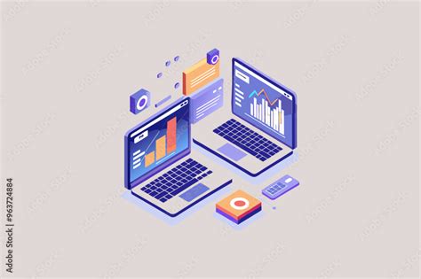 isometric illustration of dual laptops with coding data analytics and