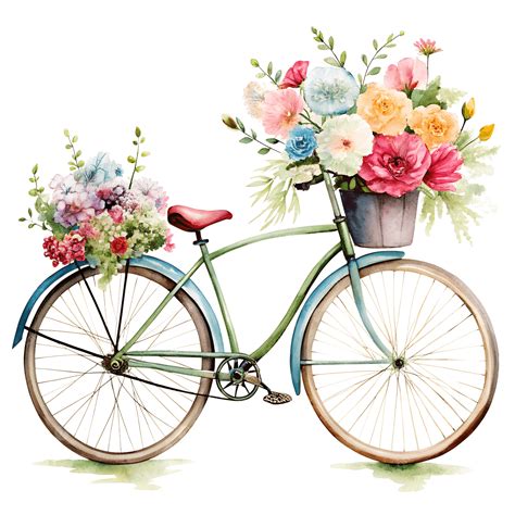 Watercolor Illustration Of A Bicycle With Flowers In The Basket
