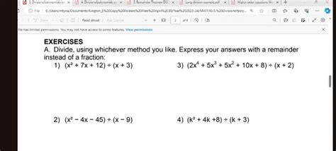 Solved EXERCISESA Divide Using Whichever Method You Like Chegg Com
