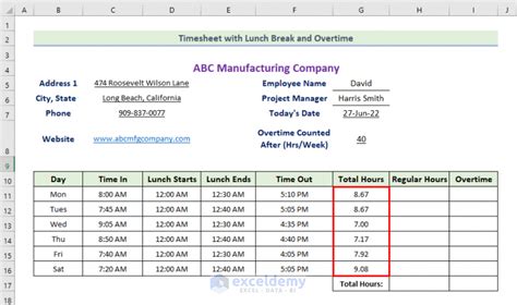 Excel Timesheet Formula With Lunch Break And Overtime ExcelDemy
