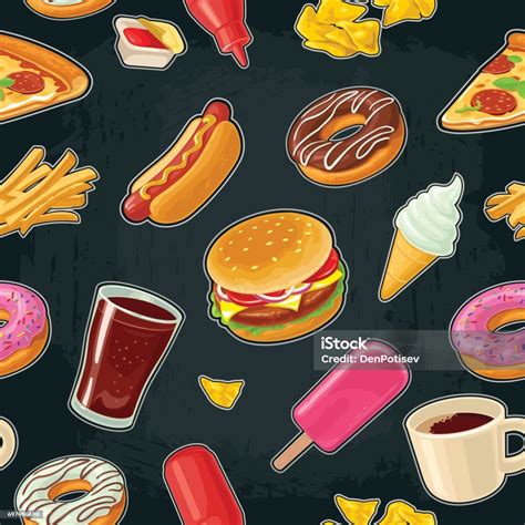 원활한 패턴 패스트 음식입니다 콜라 커피 도넛 아이스크림 컵 닭 다리에 대한 스톡 벡터 아트 및 기타 이미지 닭 다리