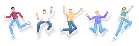 젊고 행복하고 쾌활한 남자 캐릭터점프와 춤을 추는 3d 렌더링 세트가 흰색 배경에서 격리됩니다 추상 최소한의 개념 청소년 팀워크 행복 성공 승리 남자에 대한 스톡 사진 및