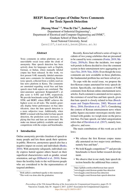 Pdf Beep Korean Corpus Of Online News Comments For Toxic Speech