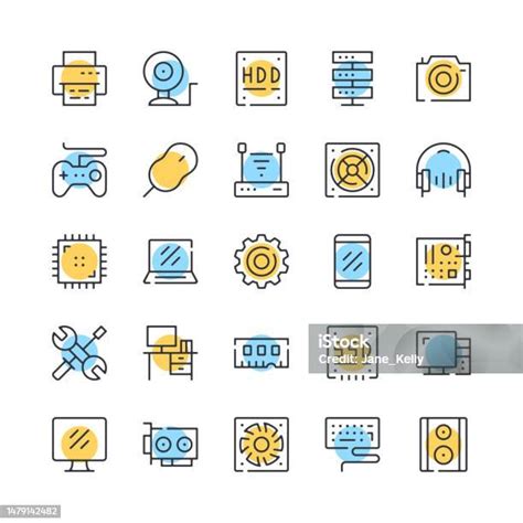 컴퓨터 하드웨어 라인 아이콘입니다 Pc 구성 요소 아이콘 집합입니다 검정 파랑 및 노랑 색상 현대 선형 개요 그래픽 디자인 벡터 선 아이콘 세트 Cpu에 대한 스톡 벡터