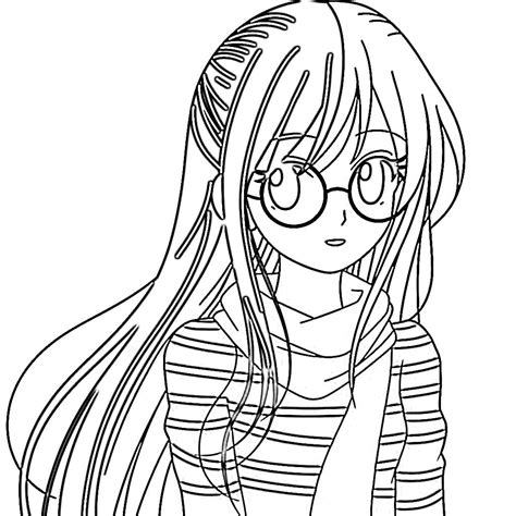 Long Hair Anime Girl Wearing Glasses Coloring Page Download Print Or