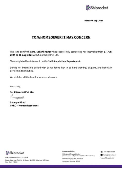 Sakshi Kapoor On Linkedin Thrilled To Share That Ive Completed My Internship At Shiprocket