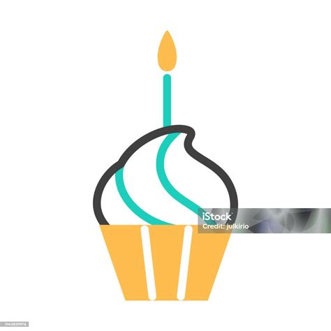 컬러 바닐라 머핀 장식 소용돌이 휘핑 크림 생일 컵케이크 플랫 라인 아이콘과 불타는 촛불 노란색 컵에 달콤한 축제 디저트입니다
