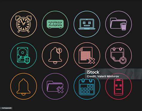 설정 라인 죽은 모바일 달력 및 시계 노트북 벨 하드 디스크 드라이브 Hdd 보호 알람 파일 문서 삭제 및 레트로 플립 아이콘 벡터 거절에 대한 스톡 벡터 아트 및 기타