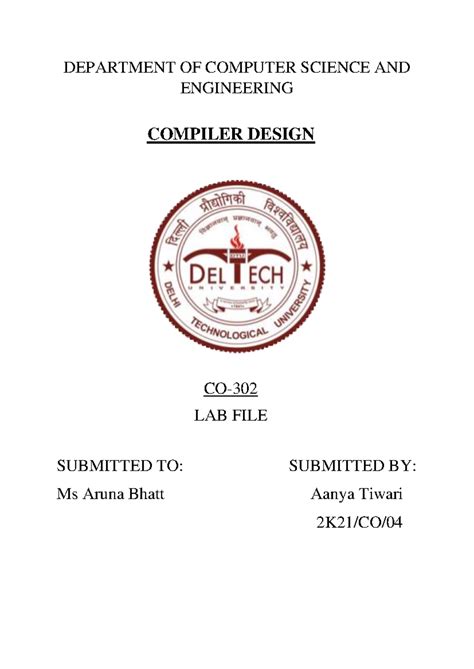 Co 302 Compiler Design Lab File Department Of Computer Science And Engineering Compiler Design