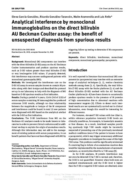 Pdf Analytical Interference By Monoclonal Immunoglobulins On The Direct Bilirubin Au Beckman