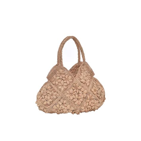 Womens Handmade Raffia Braided Tote Bag With Floral Decorations From