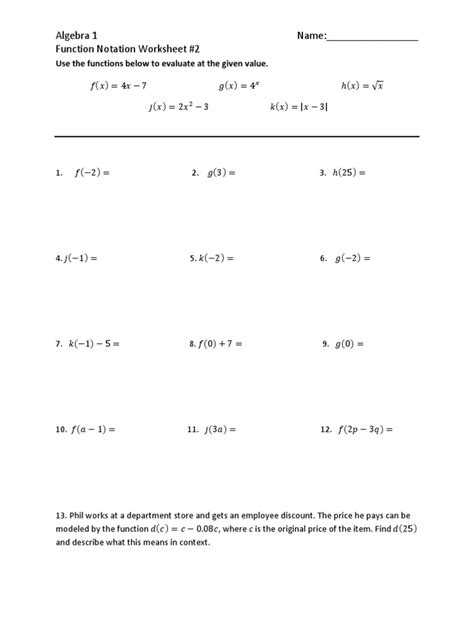 Algebra 1 Function Notation Worksheet Pdf Teaching Mathematics