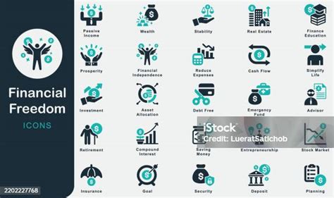 Financial Freedom 솔리드 아이콘 컬렉션 돈 라이프 스타일 수동 소득 금융 교육 예금 고문 부동산 부 투자 저축 목표 인생 단순화 현금 흐름을 포함합니다