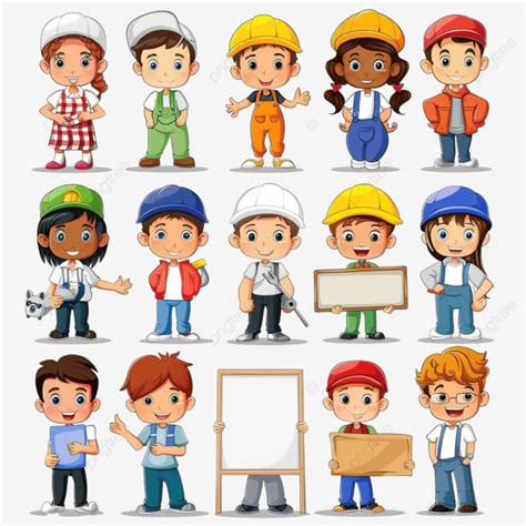 빈 기호가 있는 다양한 직업의 행복한 아이들 만화 활동 체육 실기 배너 Png 일러스트 및 이미지 에 대한 무료 다운로드