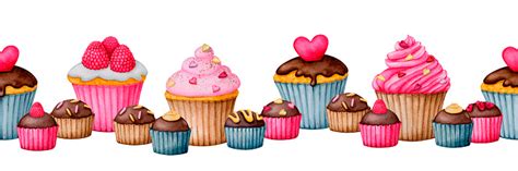 컵 케이크와 초콜릿의 원활한 화환 카드 초대장 인사말 메뉴 패브릭 인쇄 배너 디자인을위한 수채화 테두리 발렌타인 데이 생일 어린이 휴가를위한 클립 아트 국경에 대한 스톡