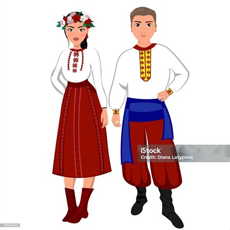민속 국가 우크라이나어 의상을 입은 여성과 남자 벡터 일러스트레이션 양갈래 땋은 머리에 대한 스톡 벡터 아트 및 기타 이미지