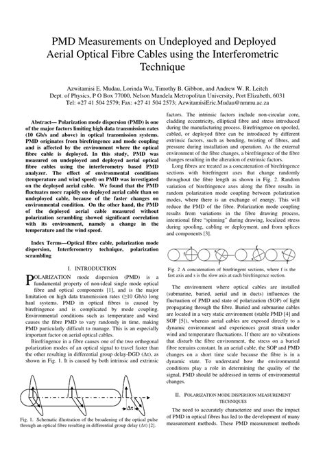 Pdf Pmd Measurements On Undeployed And Deployed Aerial Optical Fibre Cables Using The