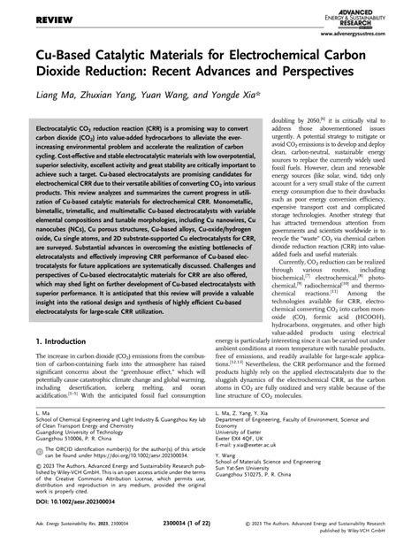 Pdf Cu‐based Catalytic Materials For Electrochemical Carbon Dioxide Reduction Recent Advances