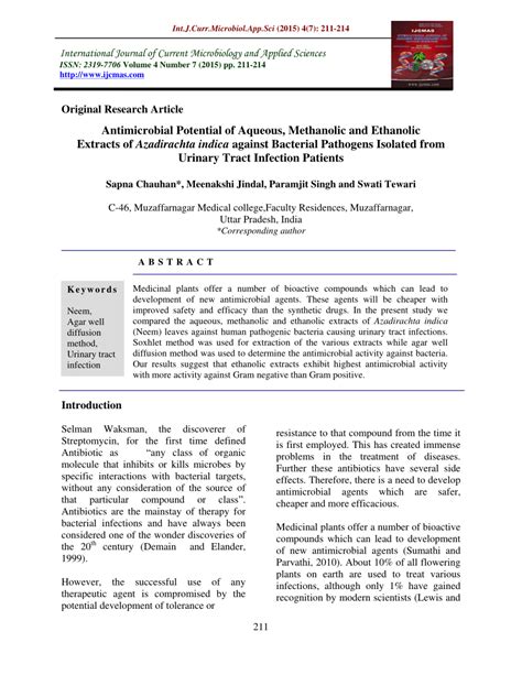Pdf Antimicrobial Potential Of Aqueous Methanolic And Ethanolic Extracts Of Azadirachta