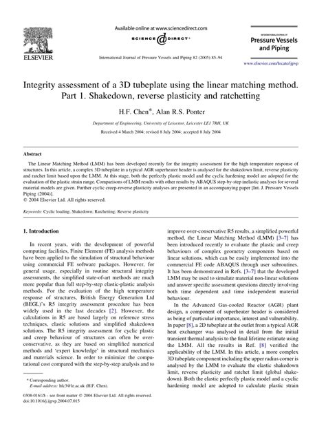 Pdf Integrity Assessment Of A 3d Tubeplate Using The Linear Matching