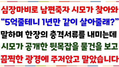 반전신청사연심장마비로 남편죽자 시모가찾아와 5억줄테니 1년만같이 살아줄래 말하며 충격서류를 내게 내미는데결국 그걸보고 주저앉고 말았습니다 신청사연 사이다썰 사연