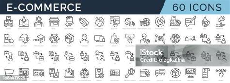전자 상거래와 관련된 60개의 개요 아이콘 세트입니다 선형 아이콘 컬렉션 편집 가능한 획 벡터 일러스트 레이 션 가격에 대한 스톡 벡터 아트 및 기타 이미지 Istock