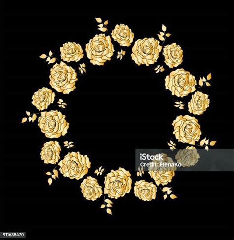 장미 꽃으로 화 환 손 그려진된에 고립 된 검정색 배경 프레임 안 내장 결혼 생일 카드 대 한 둥근 벡터 일러스트 레이 션 결혼식에 대한 스톡 벡터 아트 및 기타 이미지