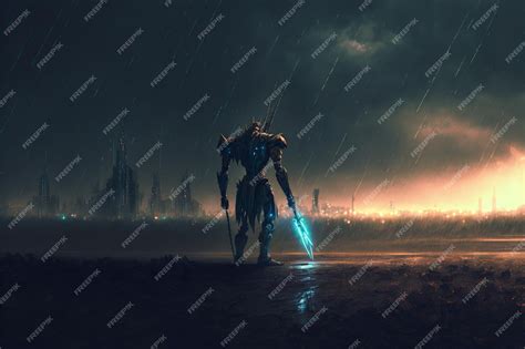 Premium Photo Robot With Sword Robot With Glowing Sword Standing Alone In The Apocalyptic City