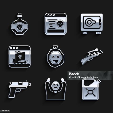 살인 도둑이 손을 들고 항복 캐니스터 연료 스코프가 있는 저격 소총 권총 또는 총 인터넷 불법 복제 금고 및 독 병 아이콘을 설정합니다 벡터 0명에 대한 스톡 벡터 아트 및