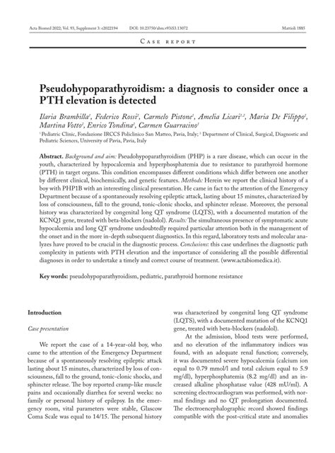 Pdf Pseudohypoparathyroidism A Diagnosis To Consider Once A Pth Elevation Is Detected