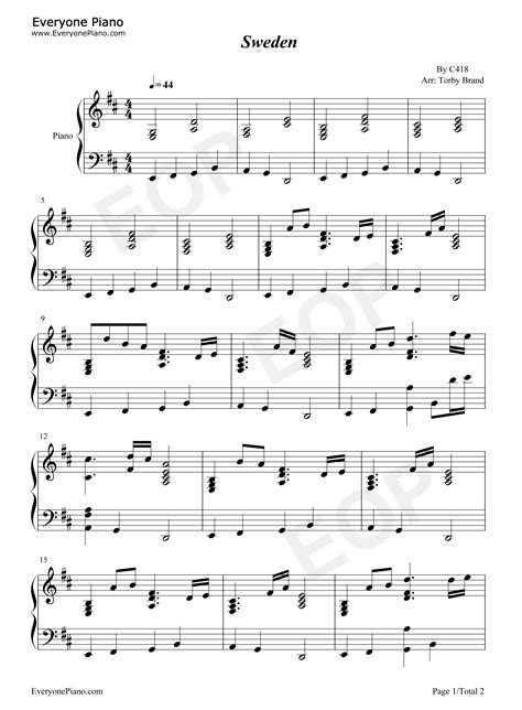 Sweden Minecraft 我的世界bgm五线谱预览1 钢琴谱文件（五线谱、双手简谱、数字谱、midi、pdf）免费下载