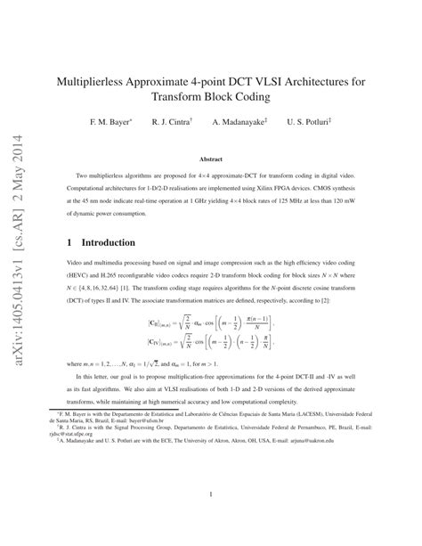 Pdf Multiplierless Approximate 4 Point Dct Vlsi Architectures For