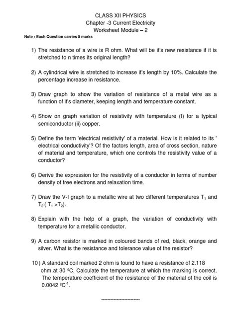 Worksheet Class Xii Physics Chapter 3 Current Electricity Module 2