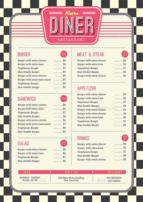 Retro Diner Menu Vintage Style 1950s 1960s 1970s 1980s