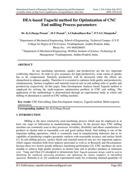Pdf Dea Based Taguchi Method For Optimization Of Cnc End Milling Process Parameters